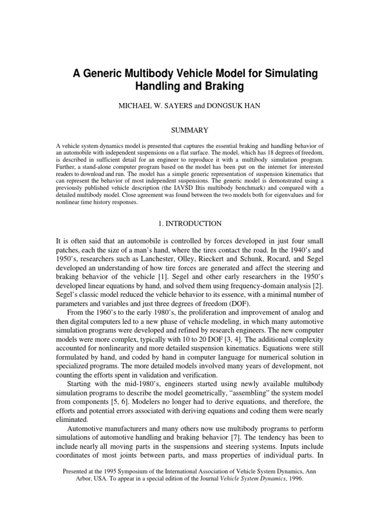 Multibody Vehicle Model for Handling Simulation | PDF | Force | Kinematics