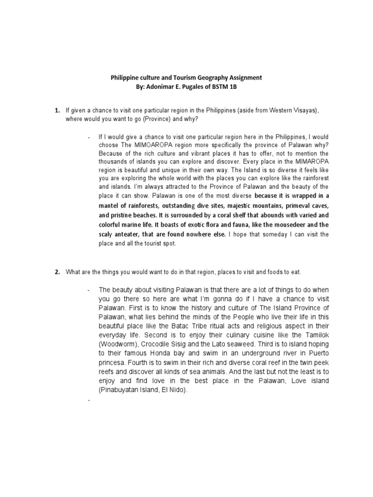 Philippine Culture and Tourism Geography Assignment | PDF | Social ...