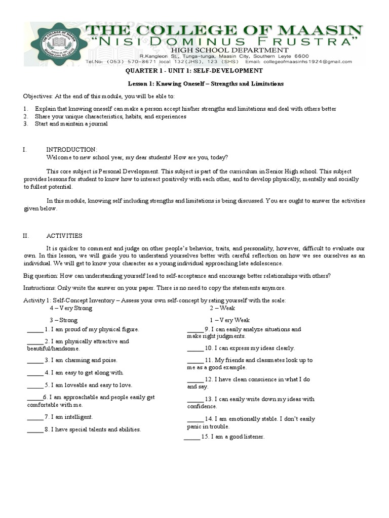Quarter 1 - Unit 1: Self-Development Lesson 1: Knowing Oneself ...