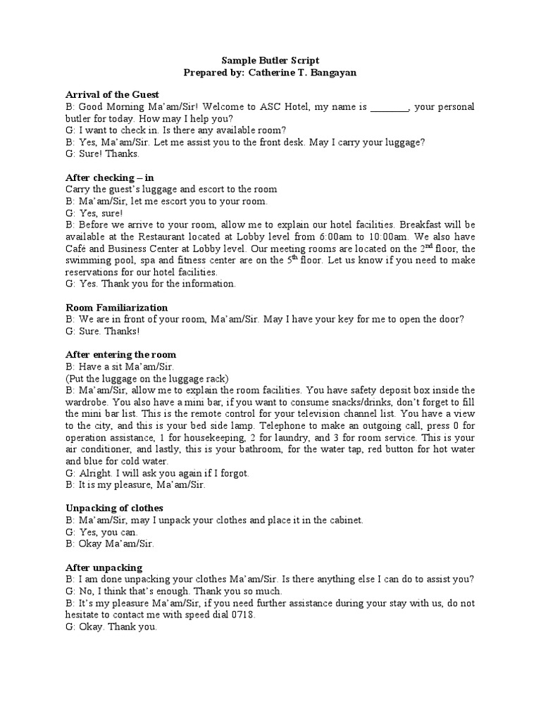 Sample Butler Script Prepared By: Catherine T. Bangayan Arrival of The ...