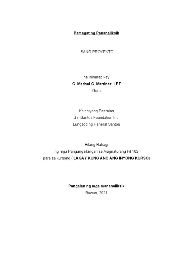 Sample Na Pormat at Balangkas Sa Pananaliksik Na Gawain | PDF