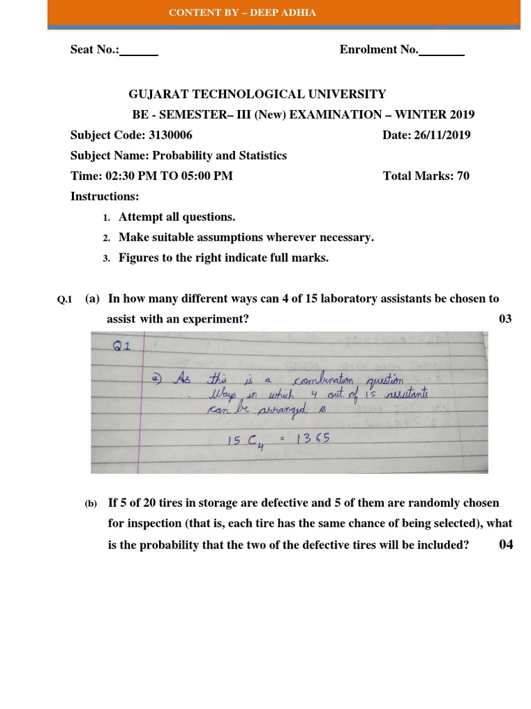 Probability and Statistics Paper Winter19 Solution | PDF | Variance ...