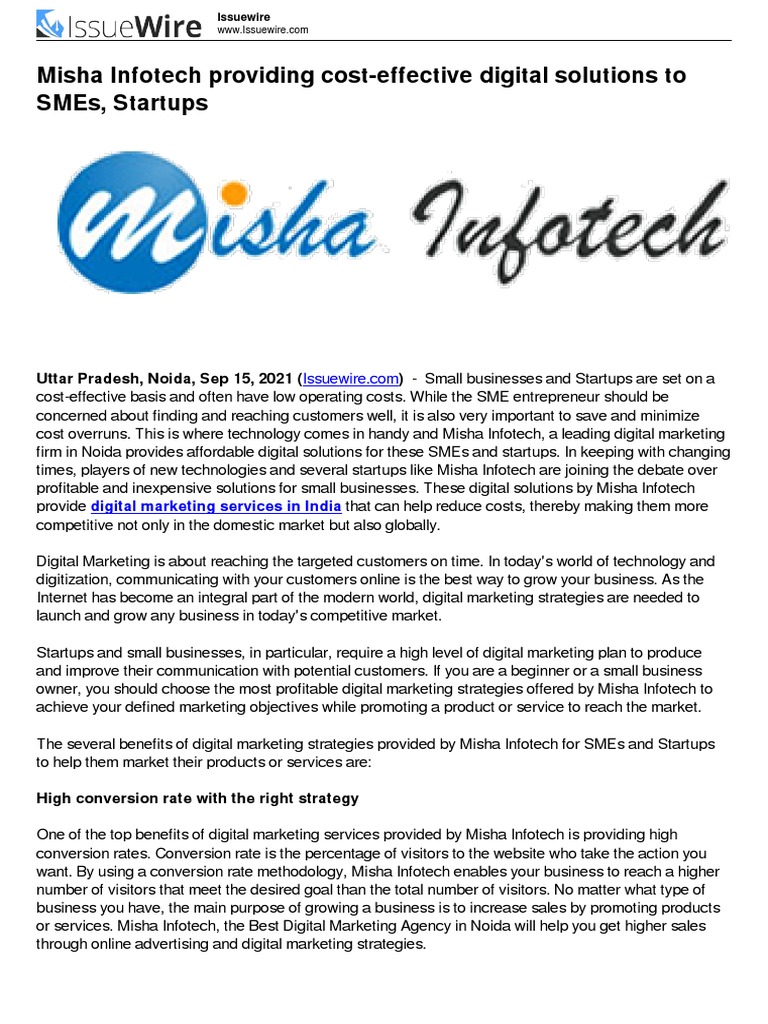 Misha Infotech Providing Cost-Effective Digital Solutions To SMEs, Startups | PDF | Digital ...