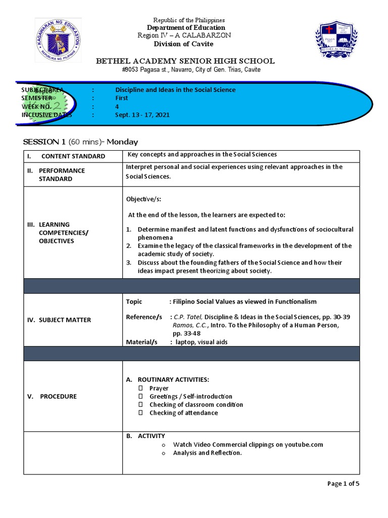 LESSON PLAN DISS Week 4 | PDF | Social Sciences | Science