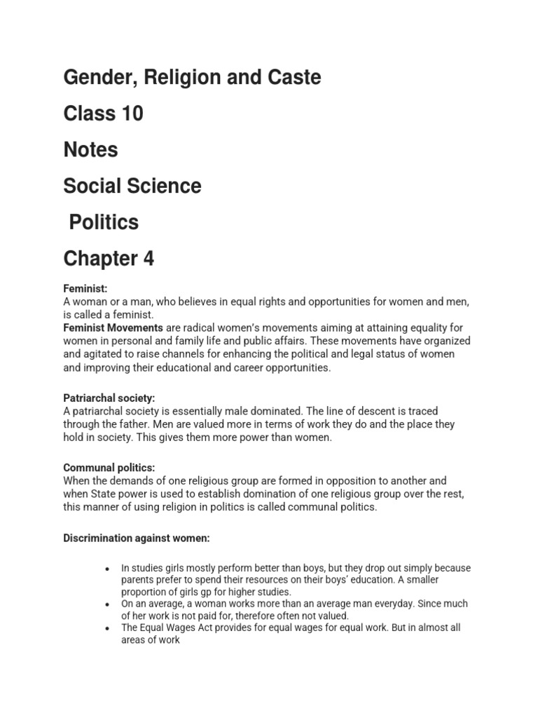 Gender Religion and Caste Notes and QNS ANS | PDF | Caste | Woman