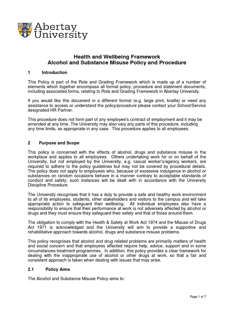 Alcohol and Substance Misuse Policy and Procedure | Download Free PDF ...