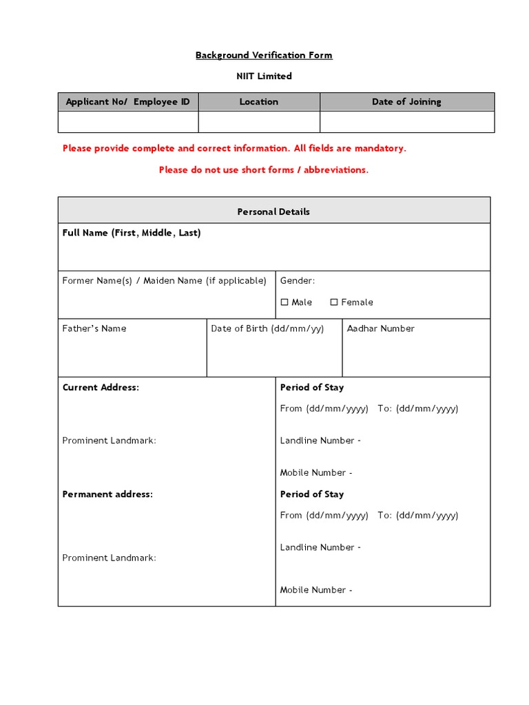 NIIT - Back Ground Verification Form | PDF | Employment | Government