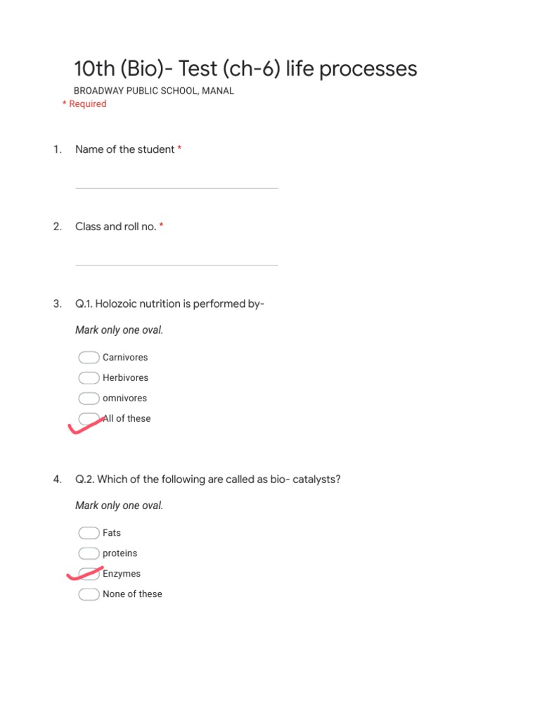 10th Grade Biology Test on Life Processes | PDF | Respiratory Tract ...