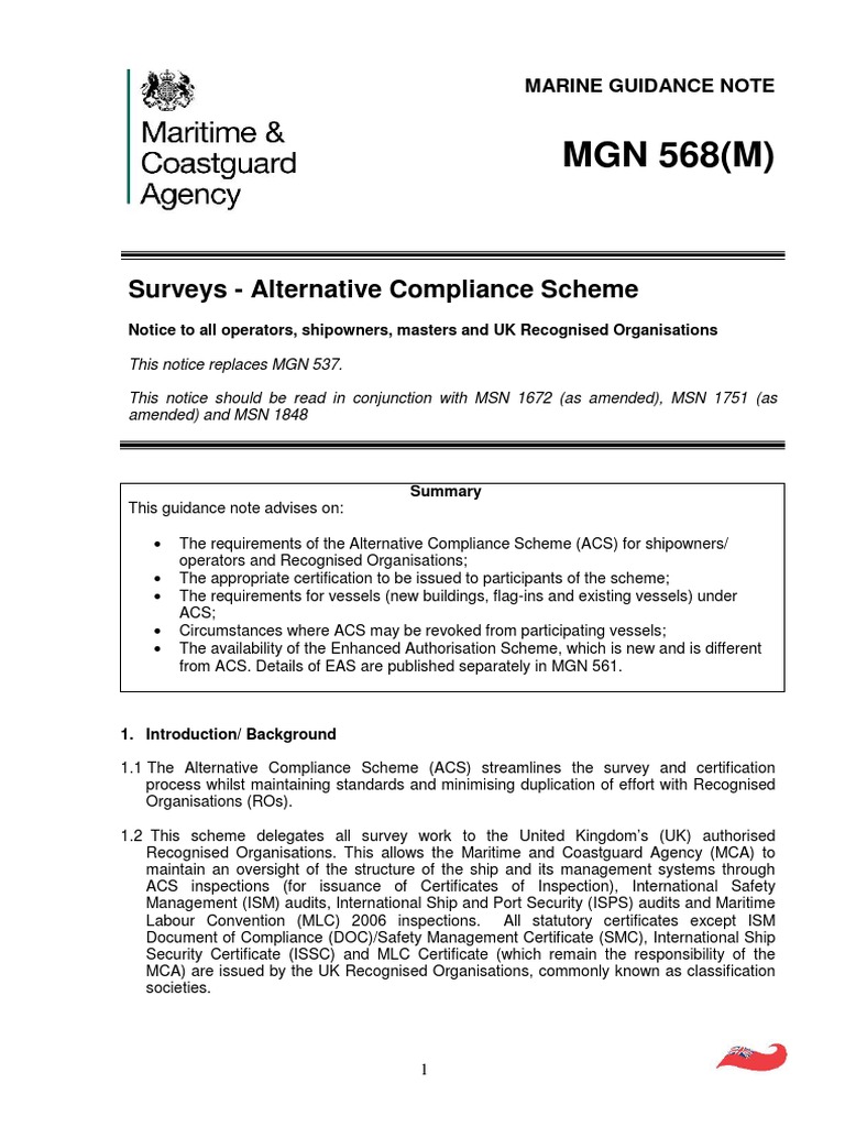 MGN 568 (M) : Surveys - Alternative Compliance Scheme | PDF | Ships | Audit