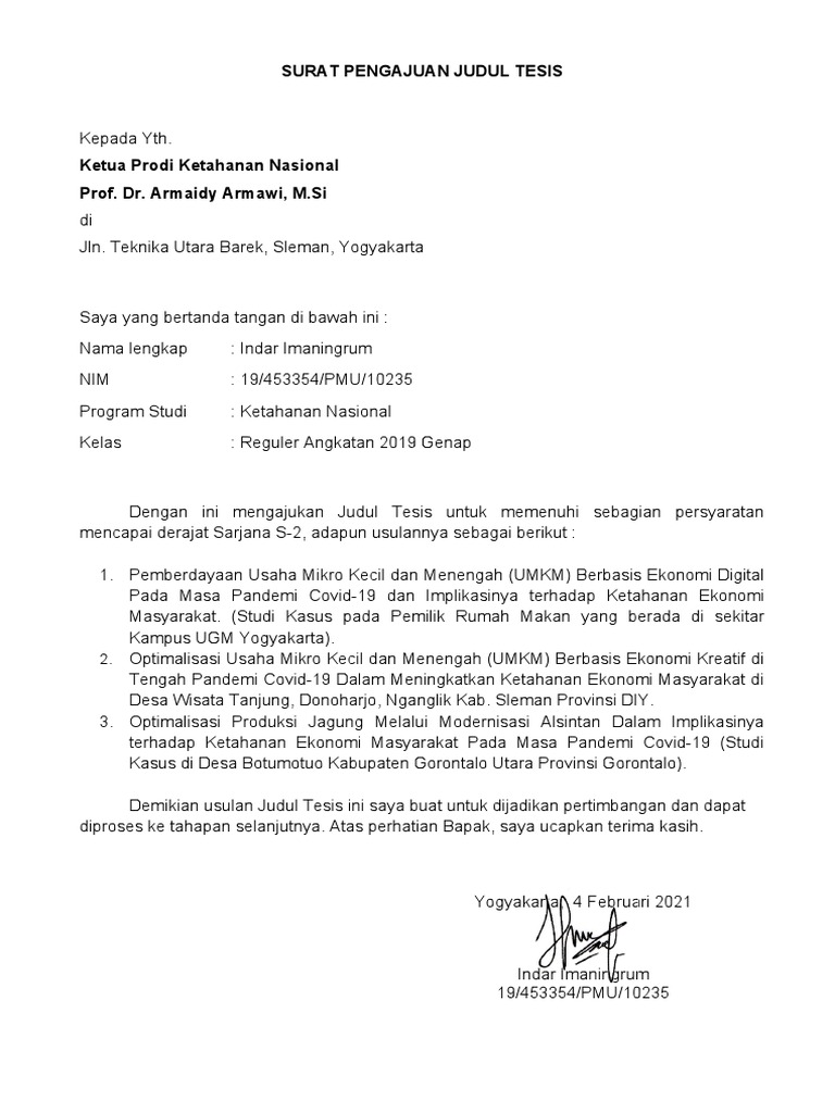 Contoh Surat Pengajuan Judul Tesis | PDF