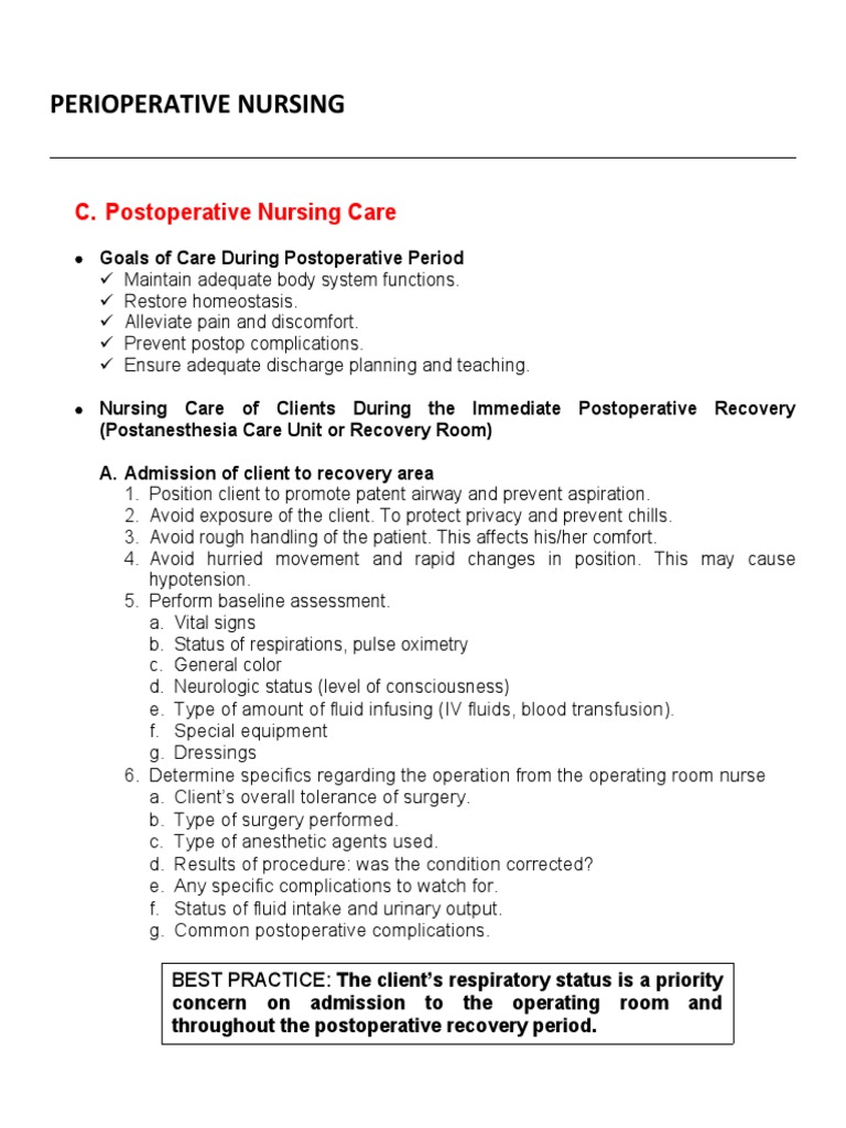 Perioperative Nursing Hand Out - Postop-1 | PDF | Analgesic | Vein