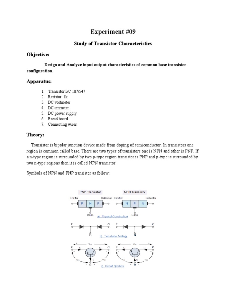 Experiment #09: Study of Transistor Characteristics Objective | PDF ...