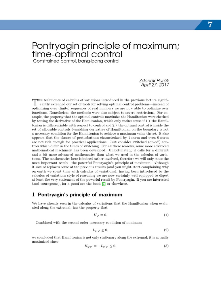 Pontryagin Principle of Maximum Time-Optimal Control: Constrained Control, Bang-Bang Control ...
