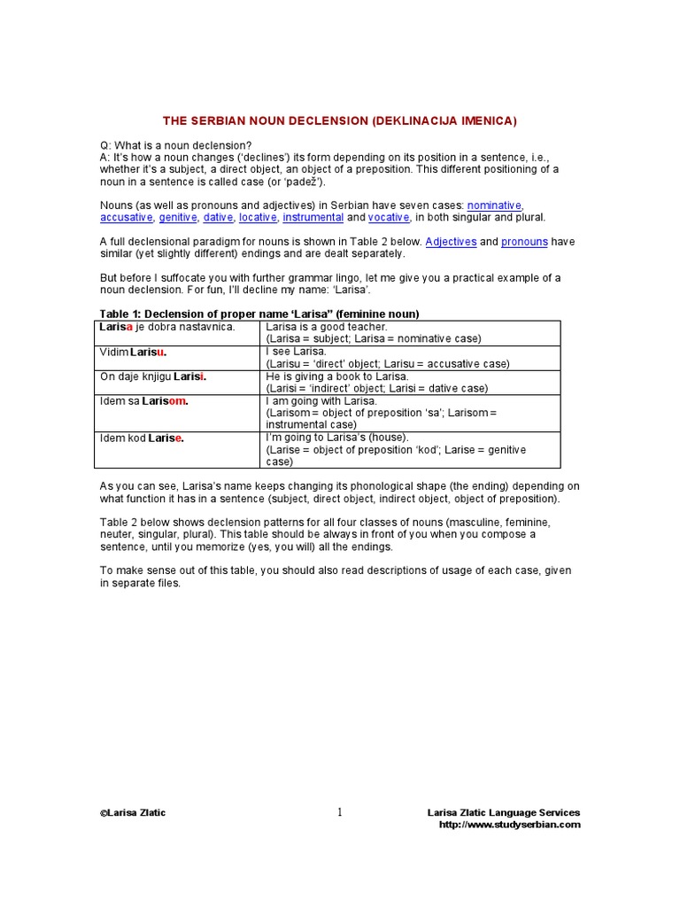 The Serbian Noun Declension (Deklinacija Imenica) | PDF | Grammatical ...