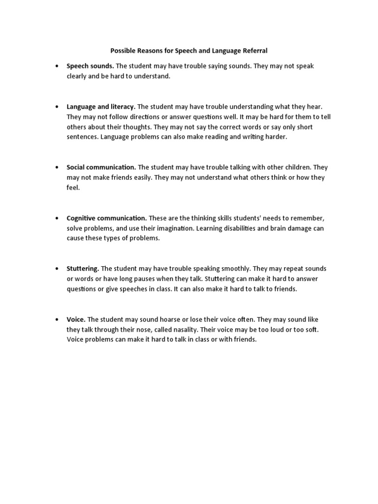 Reasons For Speech Referral | PDF | Career & Growth | Wellness