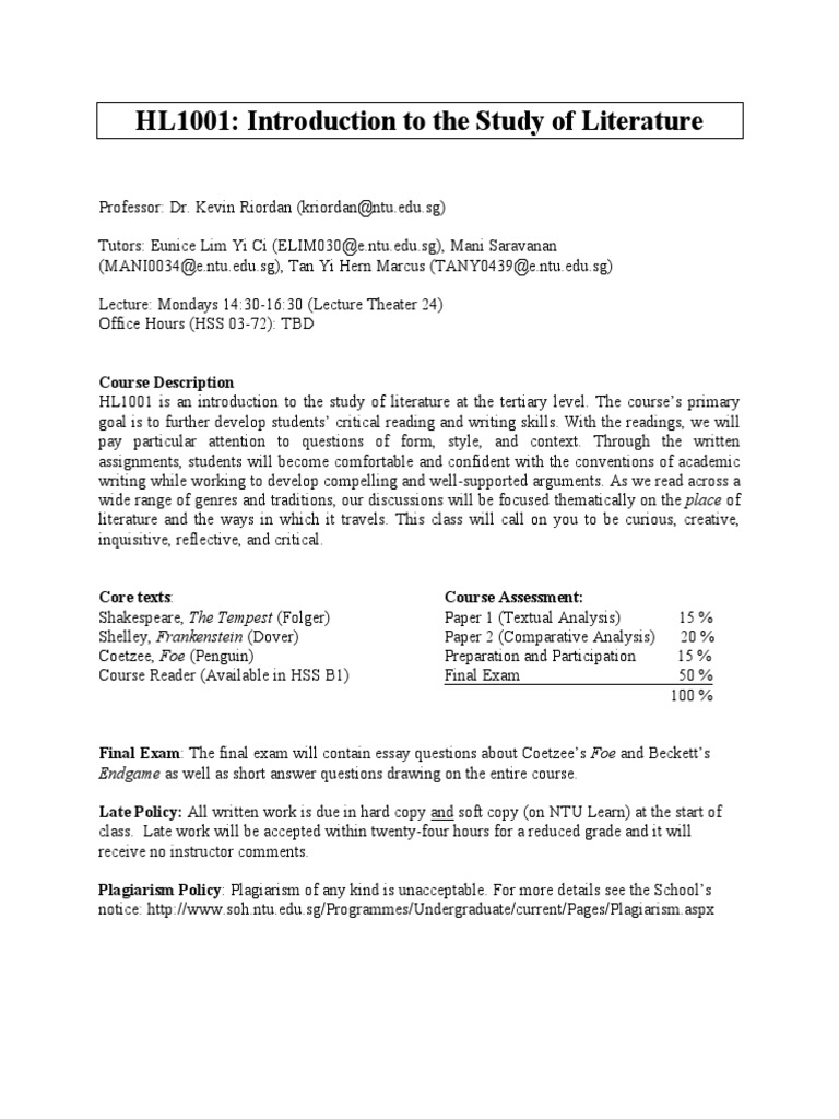HL1001: Introduction To The Study of Literature: Endgame As Well As ...