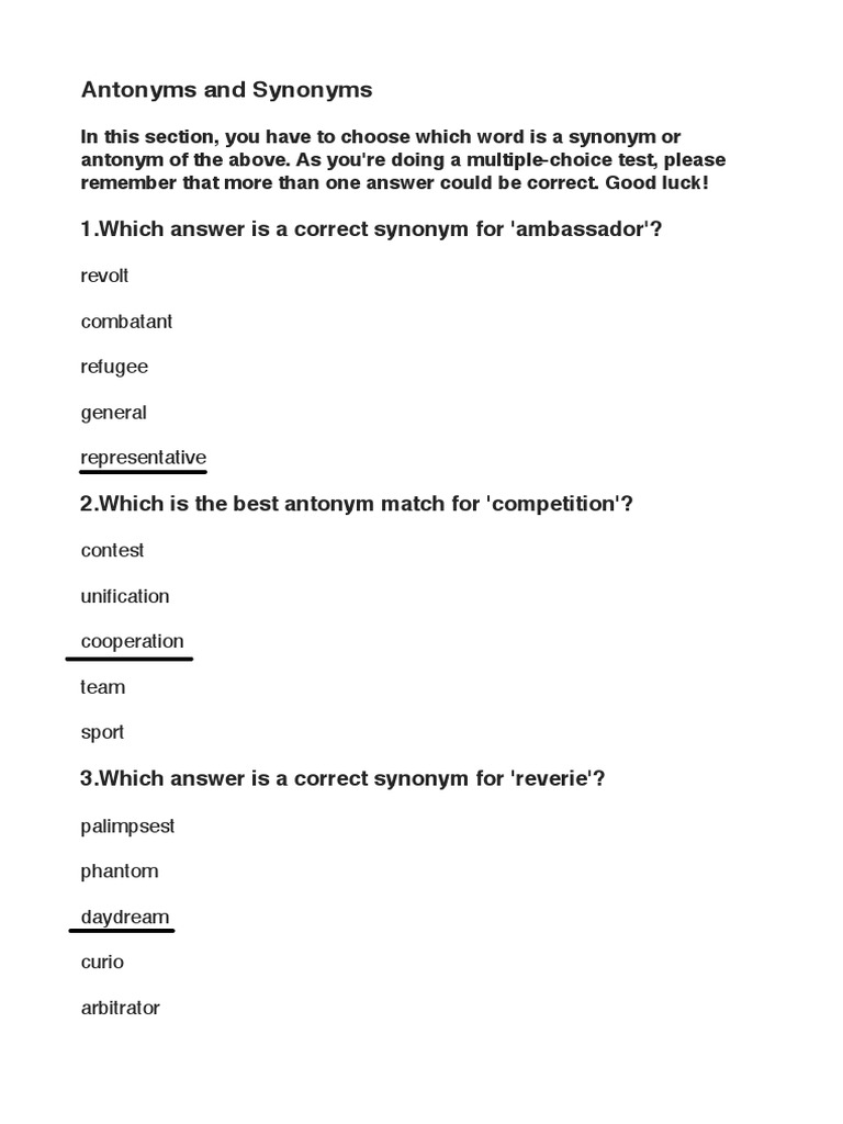 Antonyms and Synonyms: 1.which Answer Is A Correct Synonym For ...