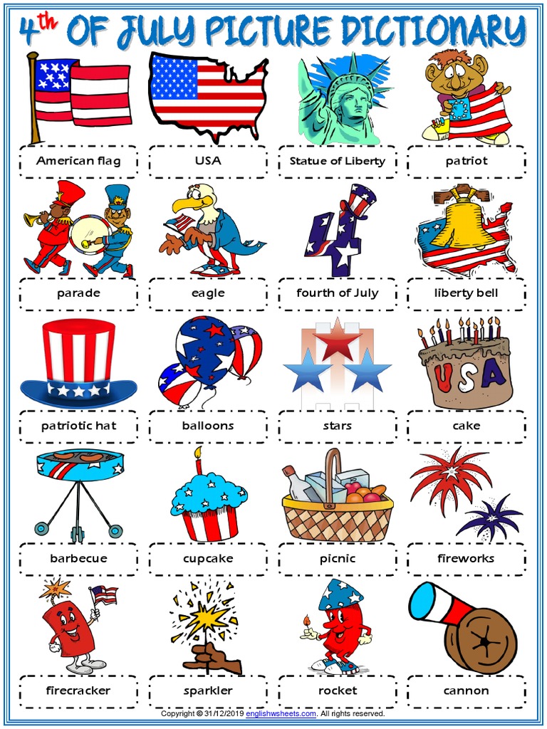 4th of July Vocabulary Esl Picture Dictionary Worksheet For Kids | PDF