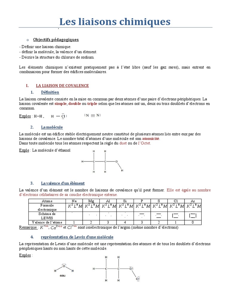 Liaisons chimiques : définitions et structures | PDF | Liaison chimique ...