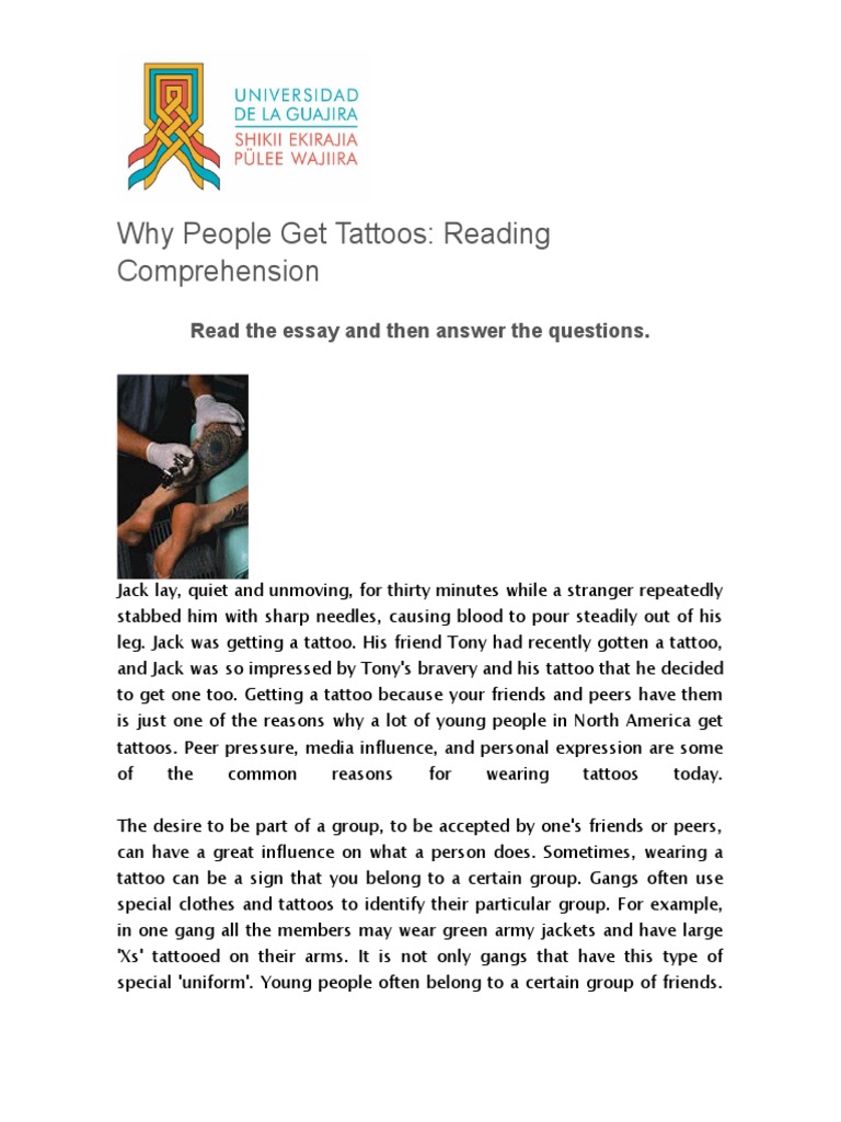 Why People Get Tattoos: Reading Comprehension: Read The Essay and Then ...