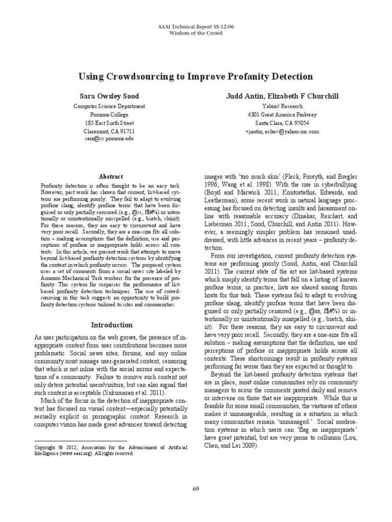 Using Crowdsourcing To Improve Profanity Detection: Sara Owsley Sood ...