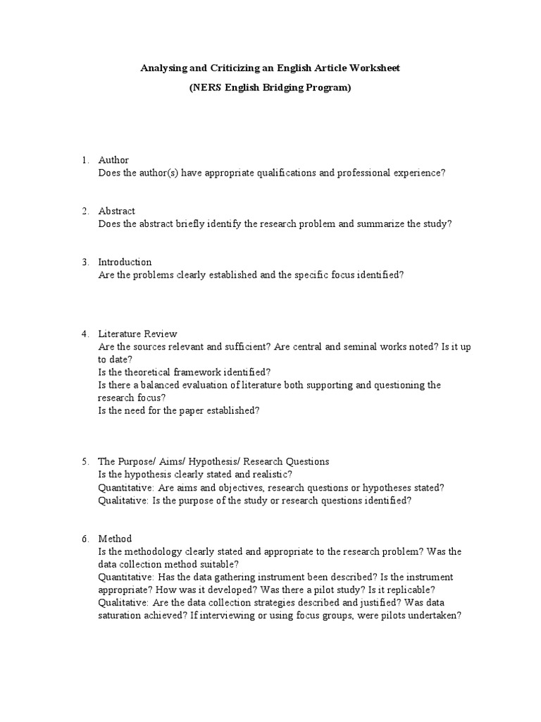 Analysing and Criticizing An English Article Worksheet (NERS English ...