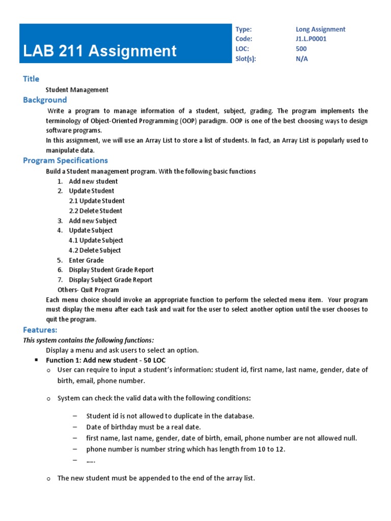 LAB 211 Assignment: Title Background | Download Free PDF | Menu (Computing) | Object Oriented ...