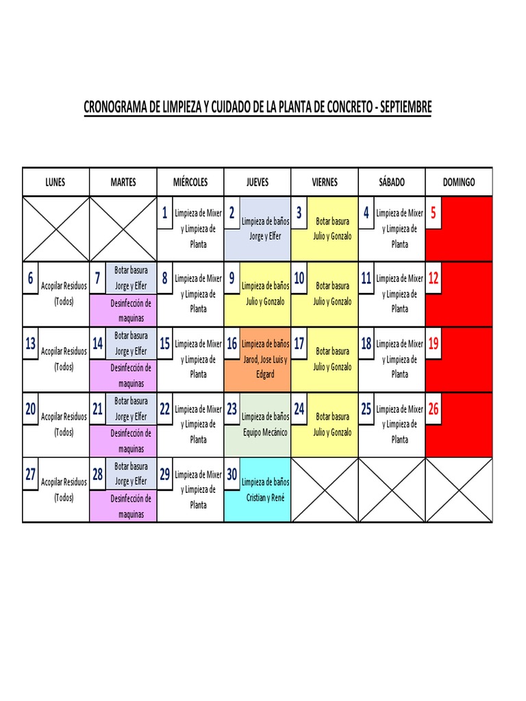 Cronograma de Limpieza Septiembre | PDF | Residuos | Contaminación