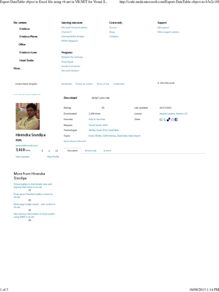 Export Datatable Object To Excel File Using Vb Net In Vb Pdf Visual Basic Net Microsoft 3390
