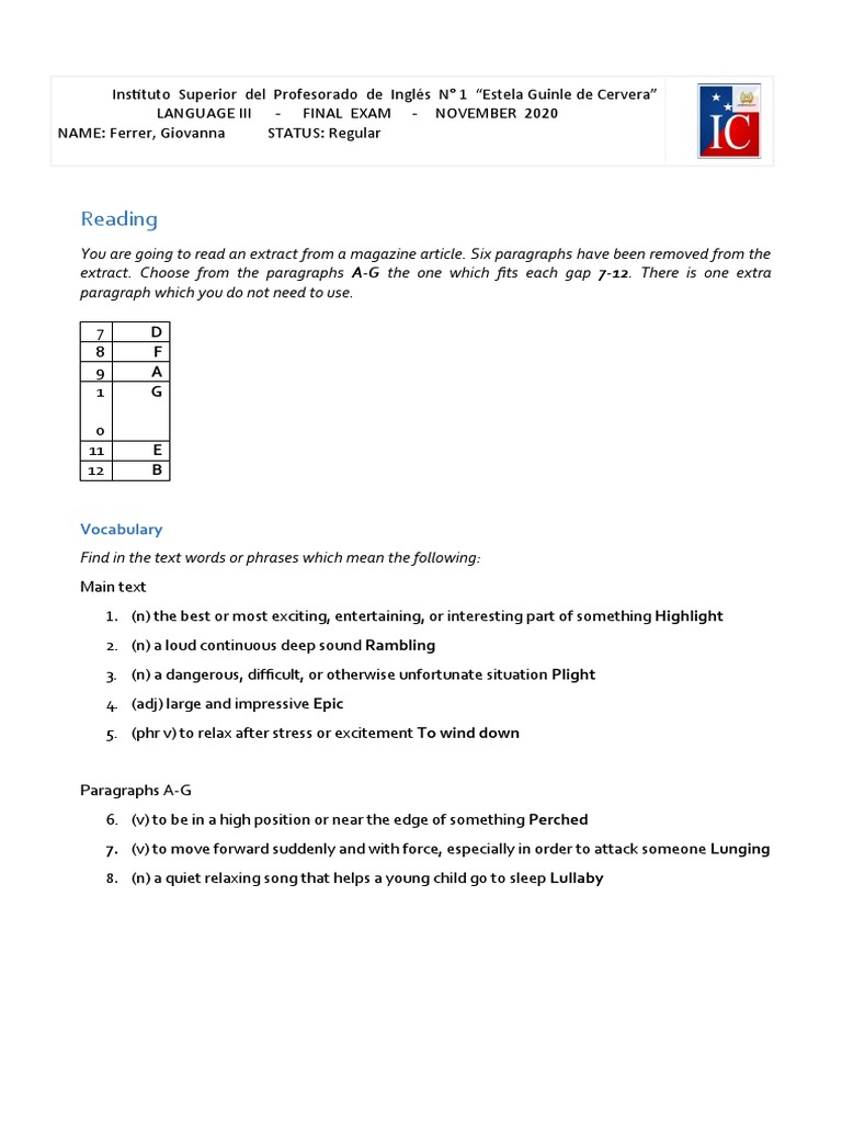 Final Exam - Reading Este | PDF