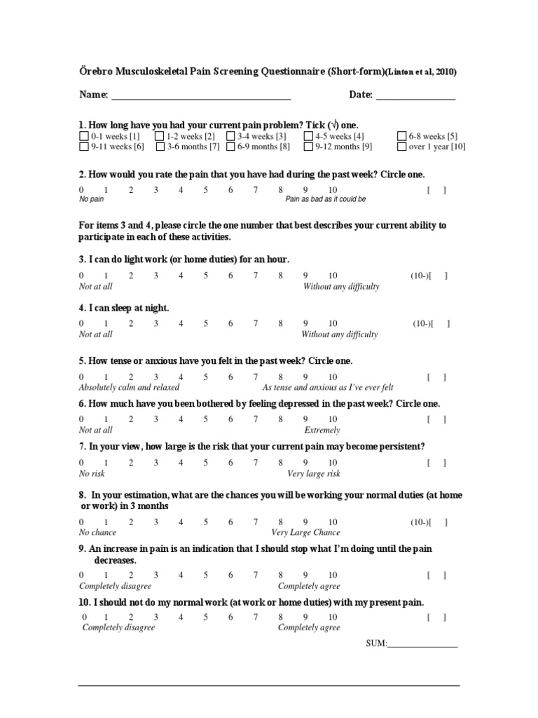 Orebro Questionnaire Assessing Pain | PDF | Psychology | Psychological ...