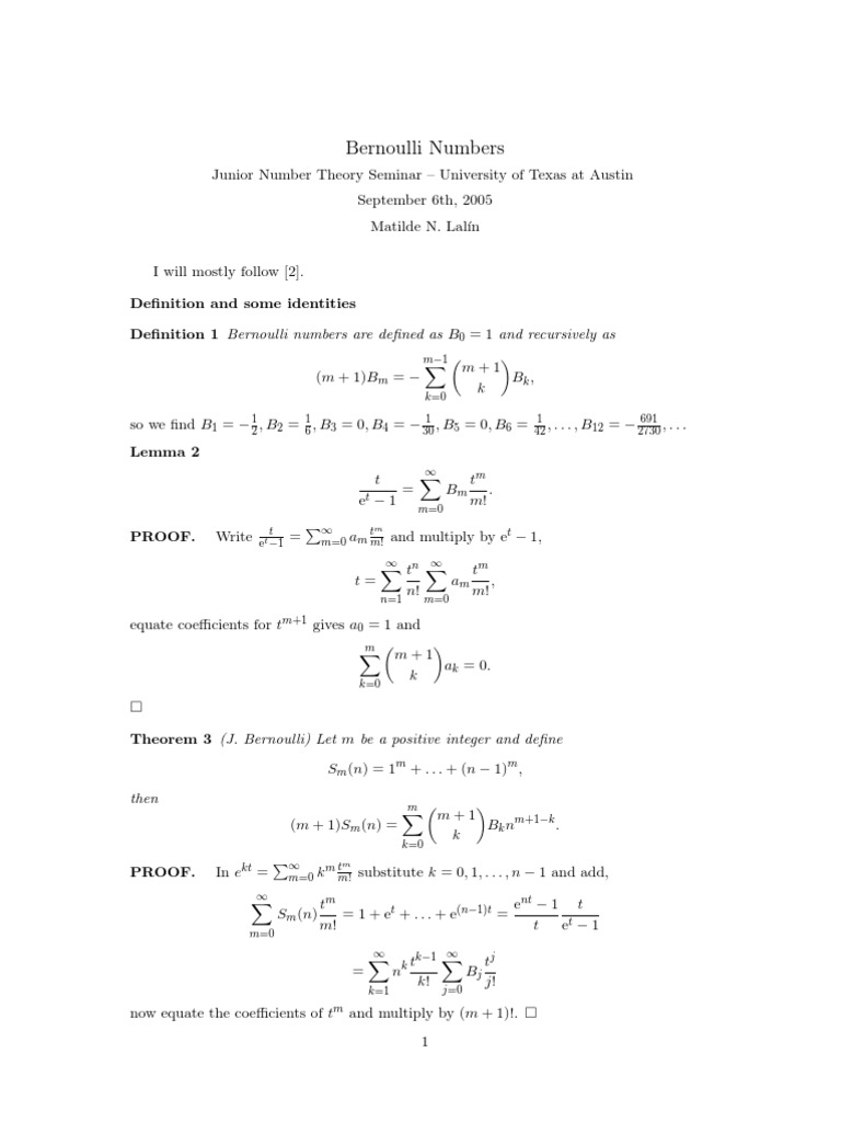 Bernoulli Numbers | PDF | Theorem | Numbers