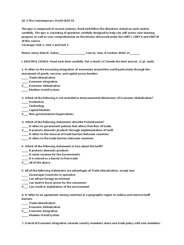 GE 3 The Contemporary World QUIZ | PDF | Globalization | Free Trade
