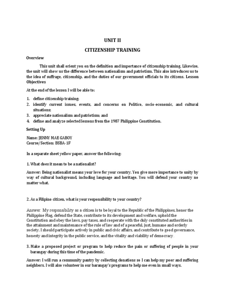 Unit Ii Citizenship Training: Answer: My Responsibility As A | PDF ...
