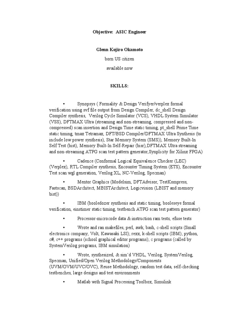 Glenn Okamoto ASIC Engr Resume SJ | Download Free PDF | Field Programmable Gate Array | Vhdl