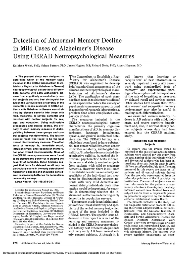 CERAD Memory Test in Early Alzheimer's | PDF | Alzheimer's Disease ...
