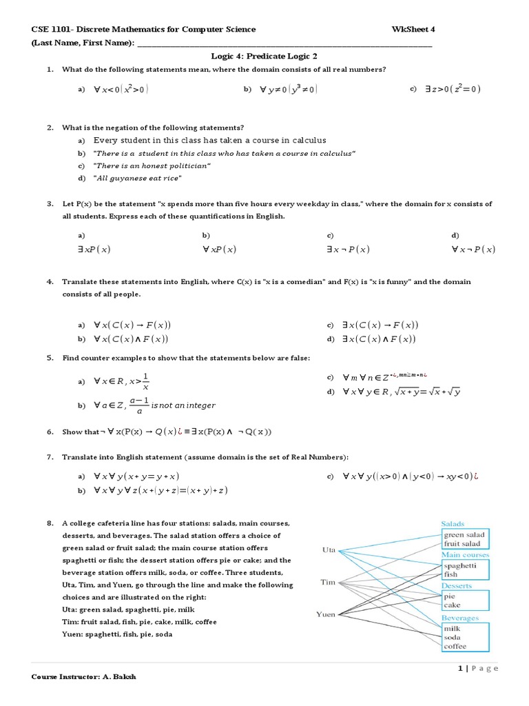 CSE 1101 WkSheet 4 | PDF | Mathematics | Mathematical Logic