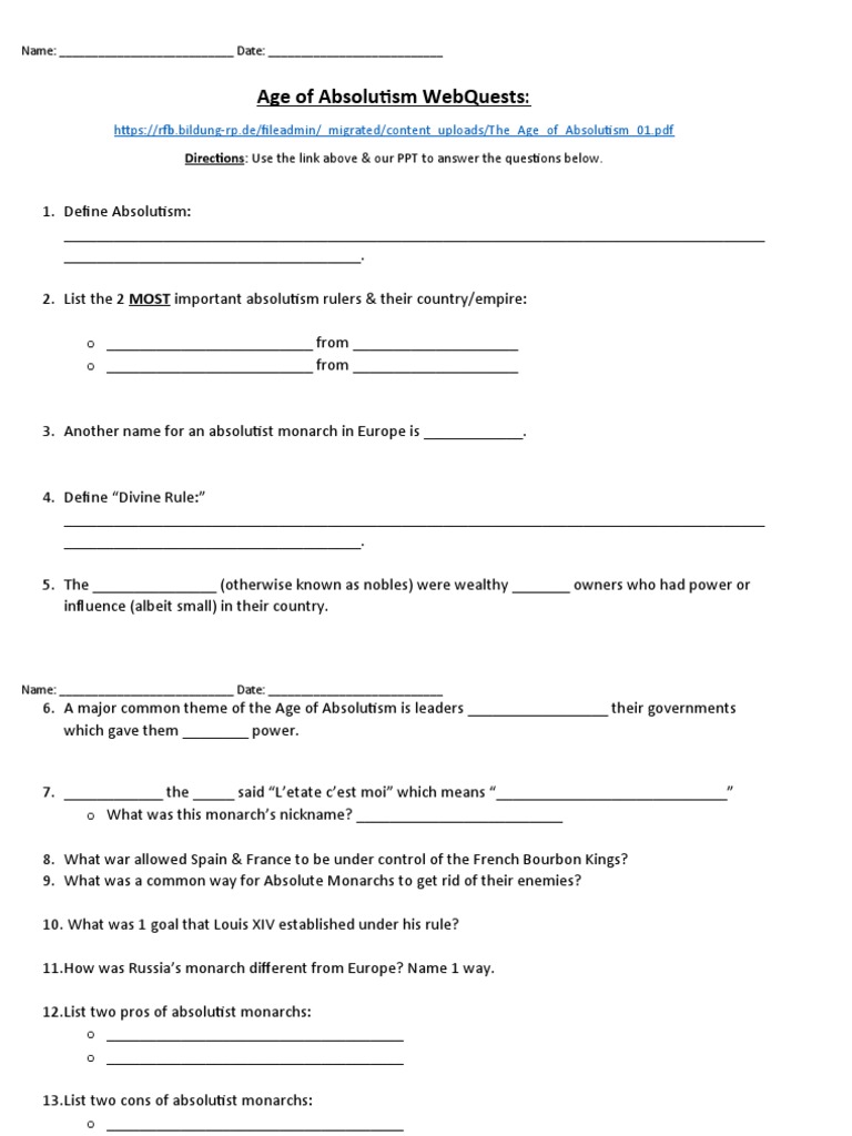 Age of Absolutism Webquests:: Directions: Use The Link Above & Our PPT ...