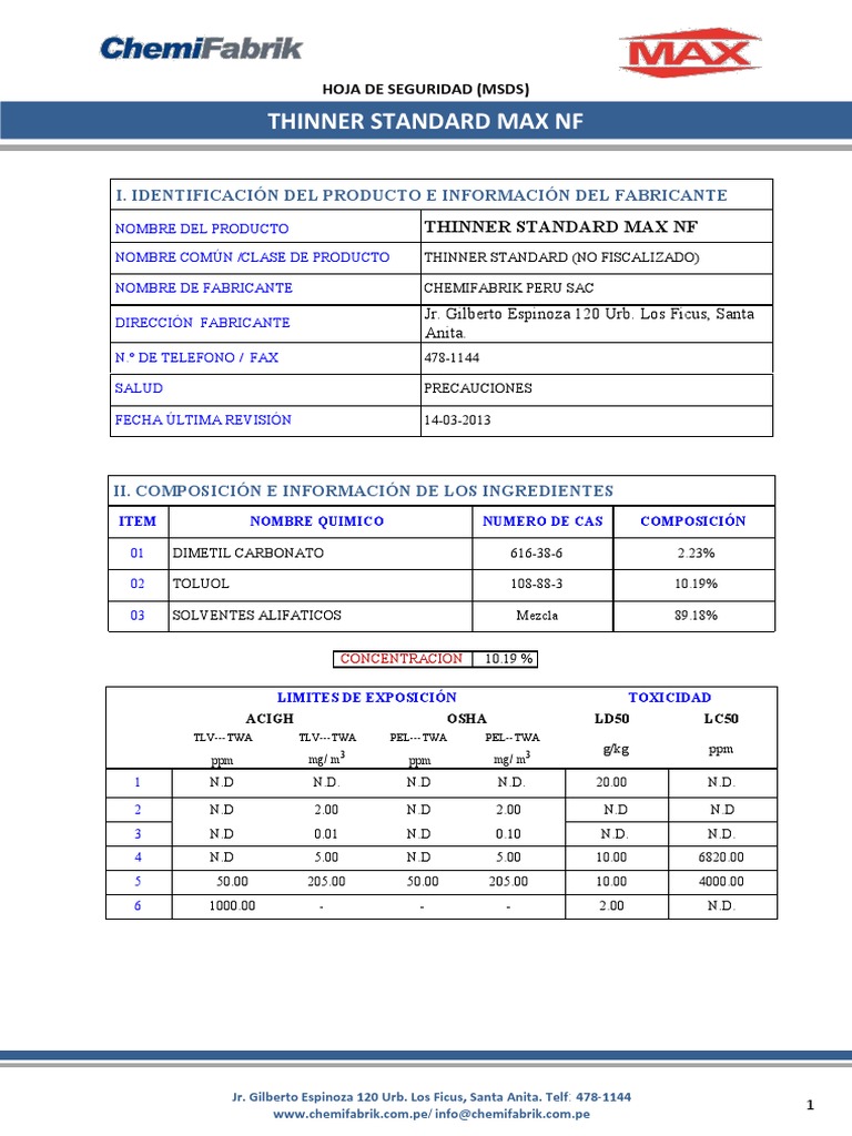 105.msds-Thinner Standar Max NF | PDF | Agua | Sustancias químicas