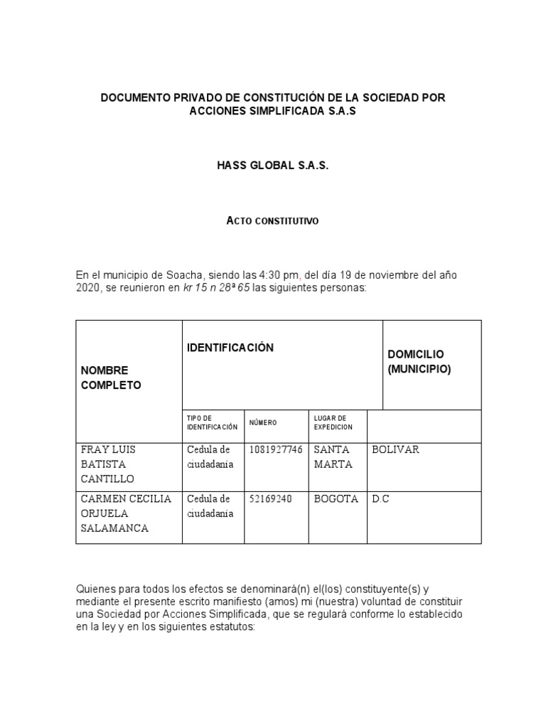 Documento Privado de Constitución de La Sociedad Por Acciones Simplificada S | Descargar gratis ...