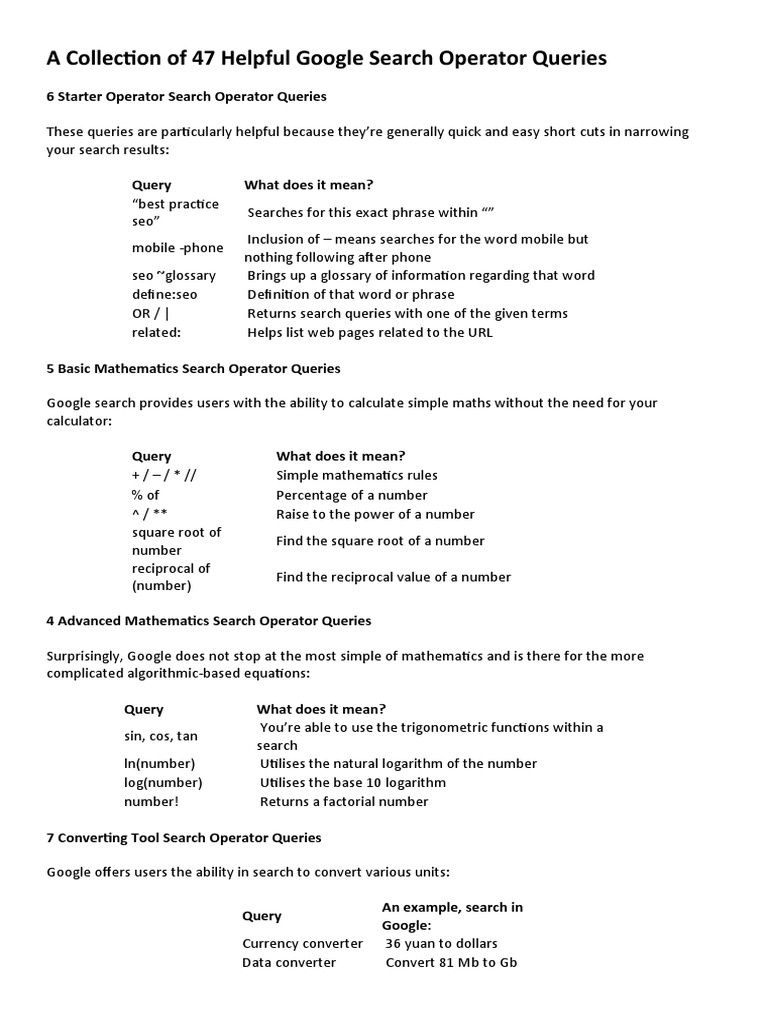 A Collection of 47 Helpful Google Search Operator Queries | PDF ...