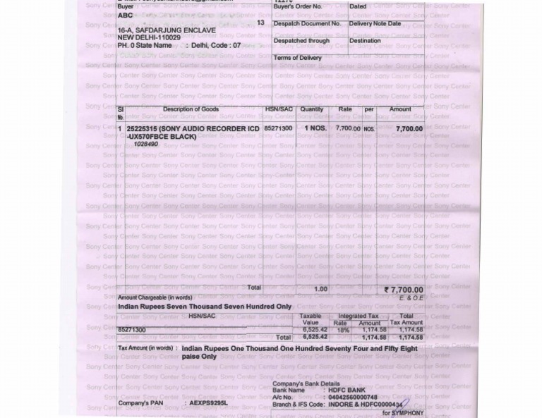 Purchase Order for a Sony Audio Recorder from ABC in New Delhi | PDF