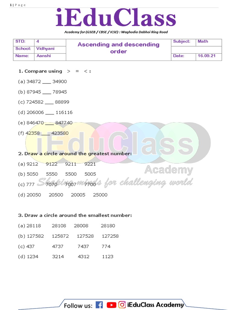 Class 4 Ascending and Descending Order Worksheet | PDF