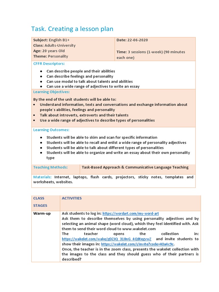 Task. Creating A Lesson Plan | PDF | Lesson Plan | Extraversion And Introversion