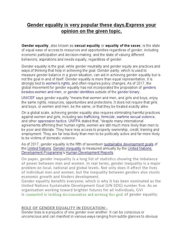 Gender Equality Is Very Popular These Days - Express Your Opinion On ...