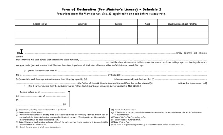 Form of Declaration (For Minister's Licence) - Schedule I | PDF ...