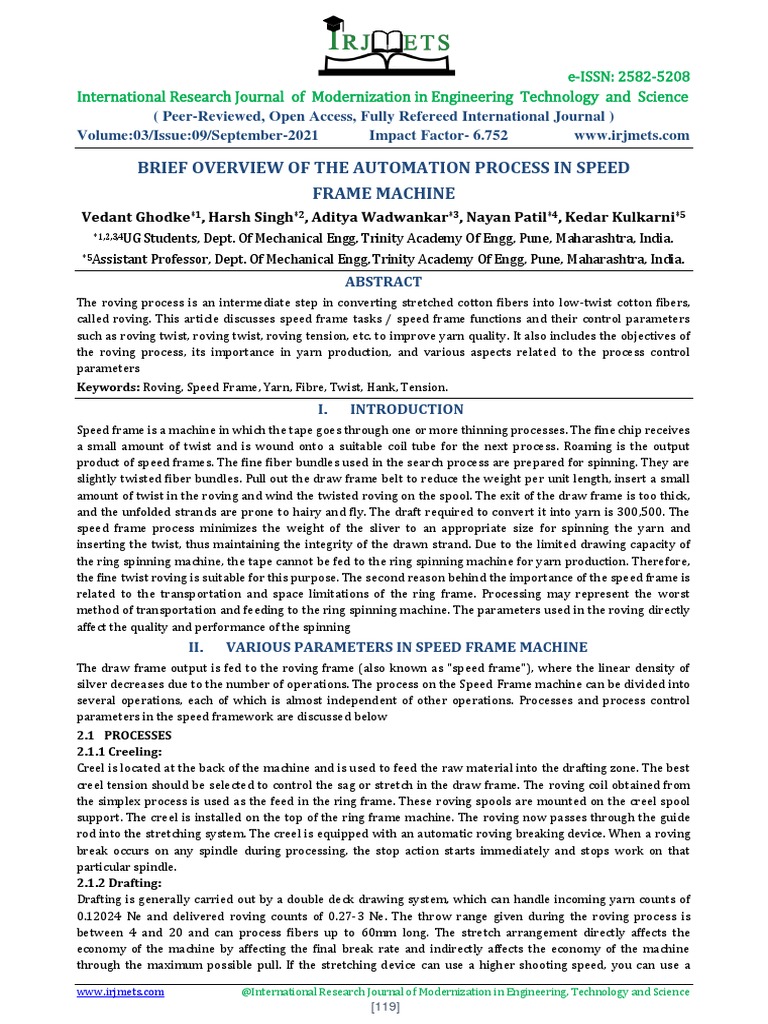 Brief Overview of The Automation Process in Speed Frame Machine | PDF ...