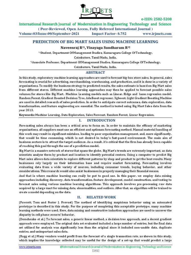 Prediction of Big Mart Sales Using Machine Learning: (Peer-Reviewed ...
