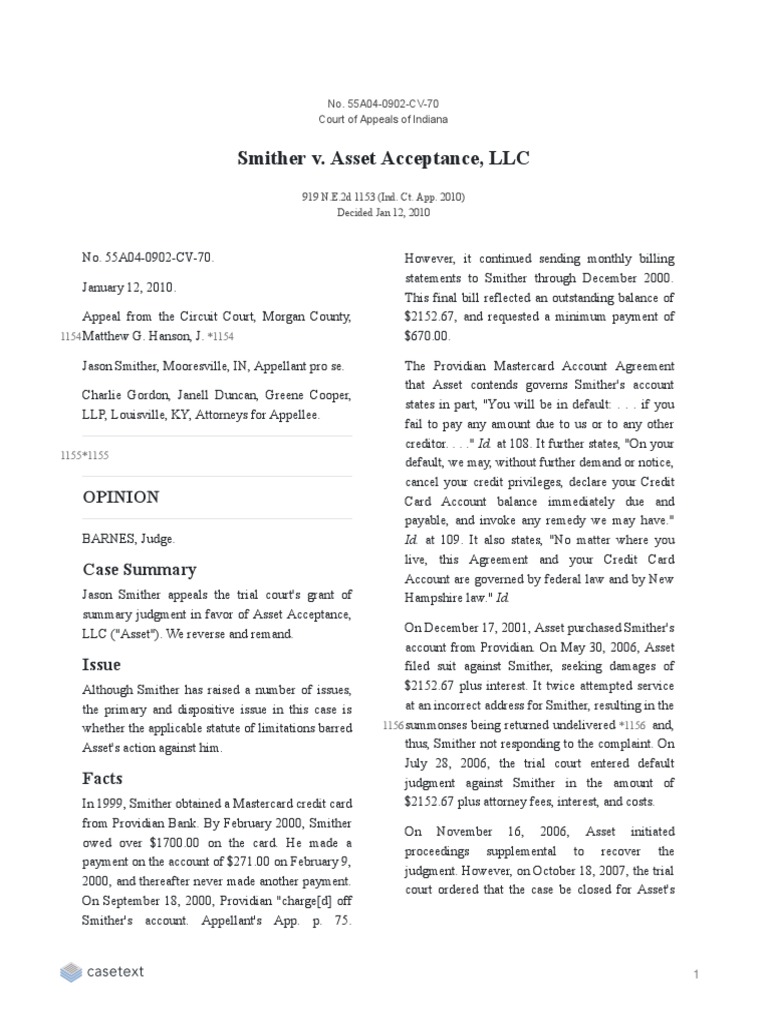 Smither v. Asset Acceptance, LLC | PDF | Lawsuit | Credit