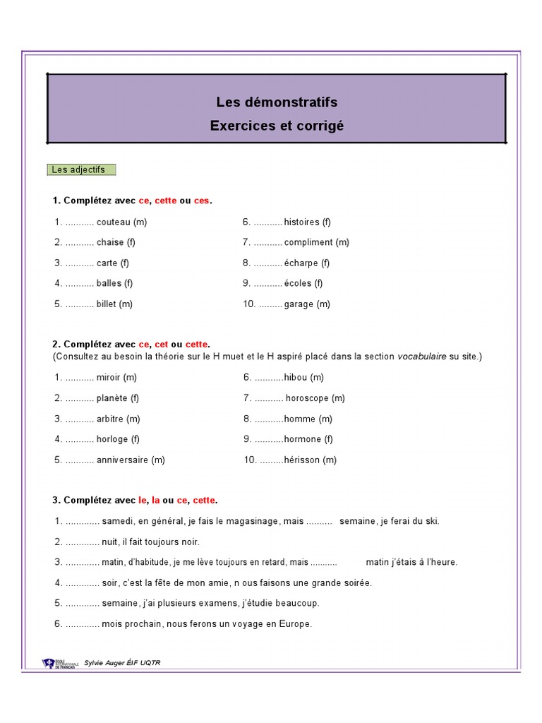 F593832933 Les D Monstratifs Exercices Et Corrig | PDF